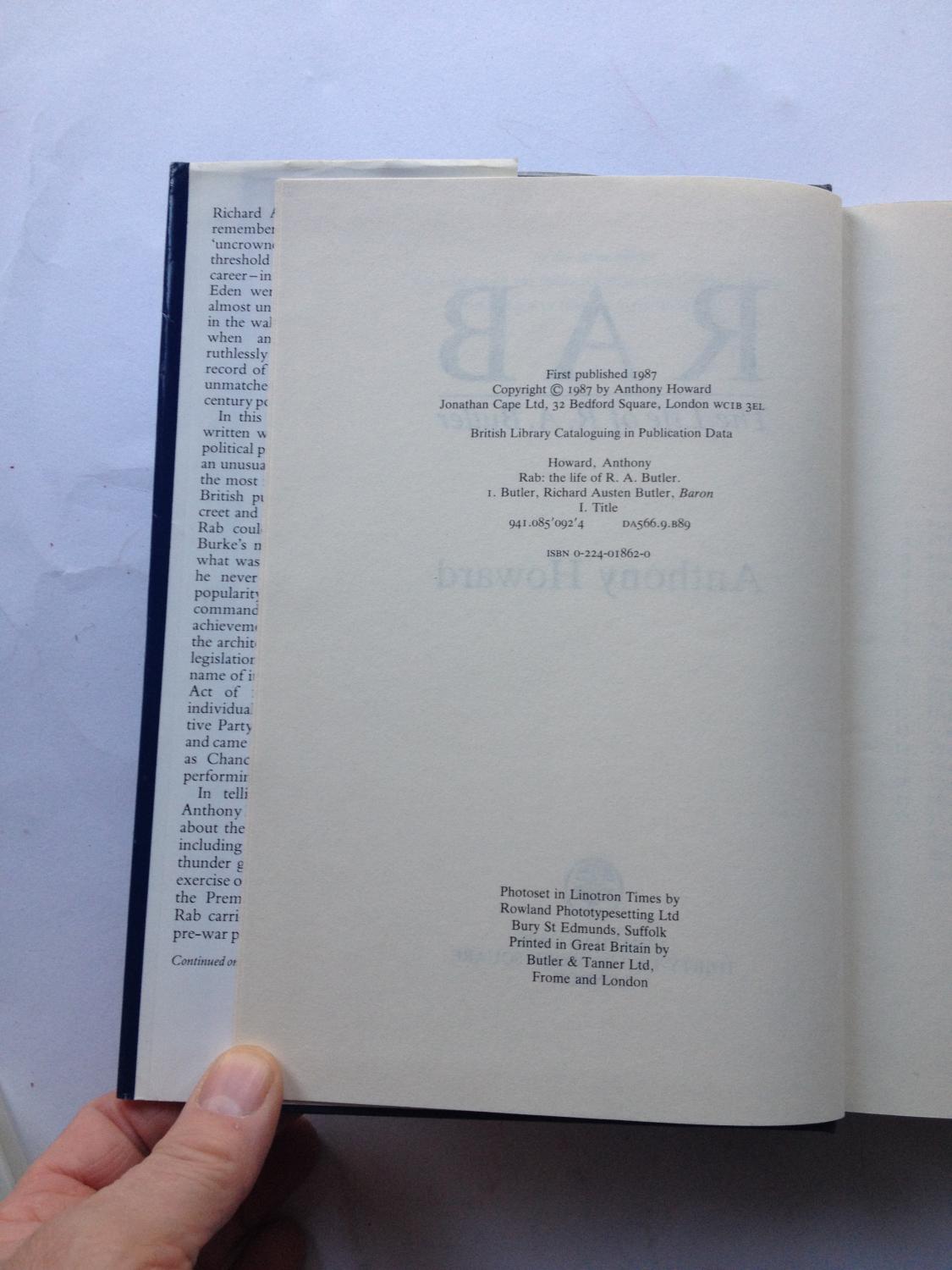 RAB The Life of R A Butler by Anthony Howard: Very Good Hardcover (1987 ...