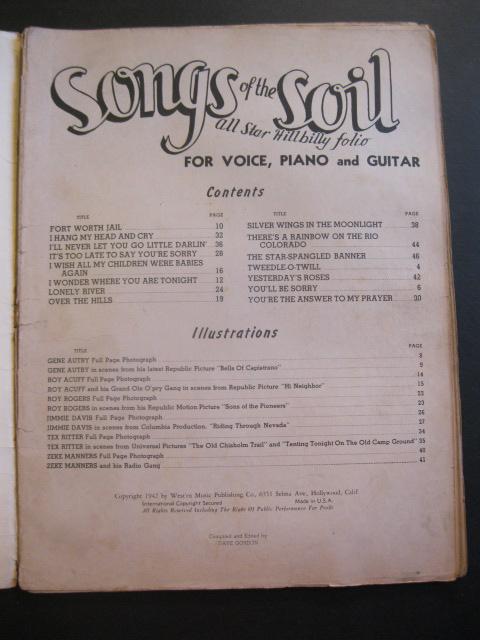 SONGS OF THE SOIL All Star Hillbilly Folio by Autry, Gene; Acuff, Roy ...