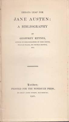 A Bibliography. By Geoffrey Keynes. by AUSTEN, Jane:: (1929 ...