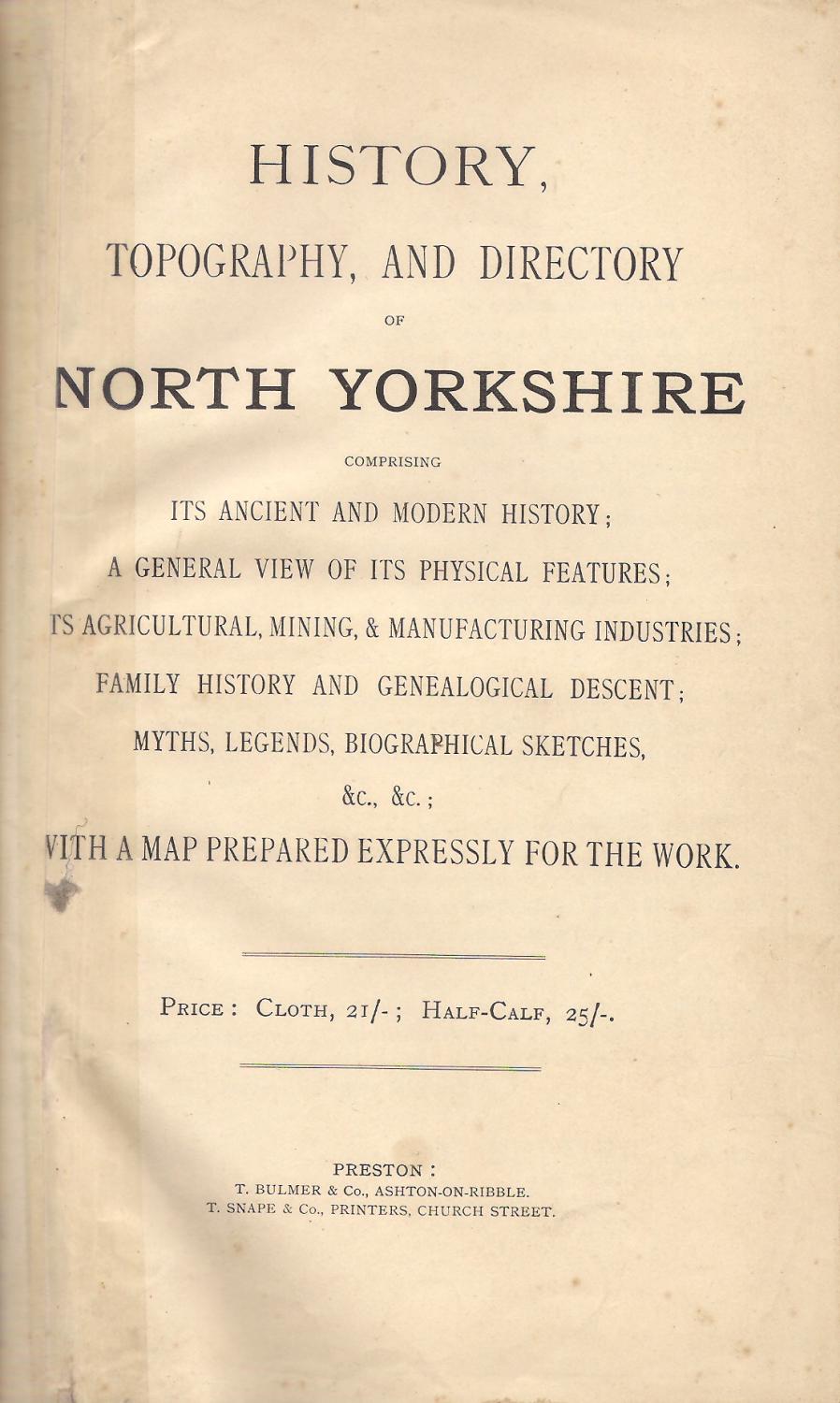 Bulmer's History & Directory of North Yorkshire 1890: Very Good ...