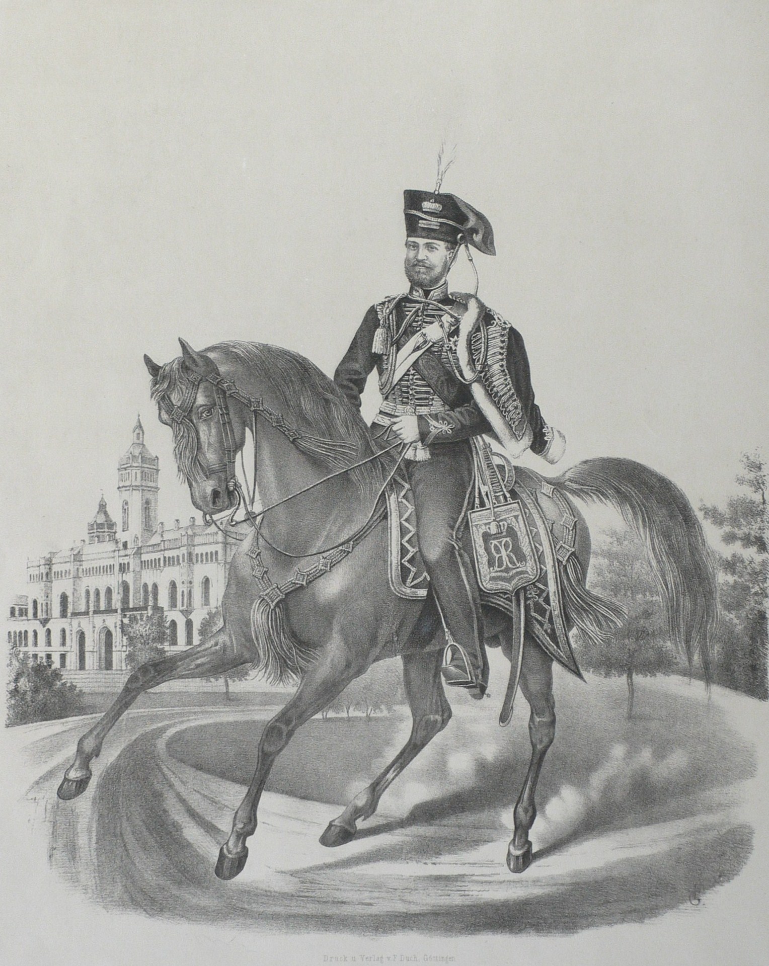 Ernst August II. Kronprinz von Hannover. Ganzfigur zu Pferde vor dem ...