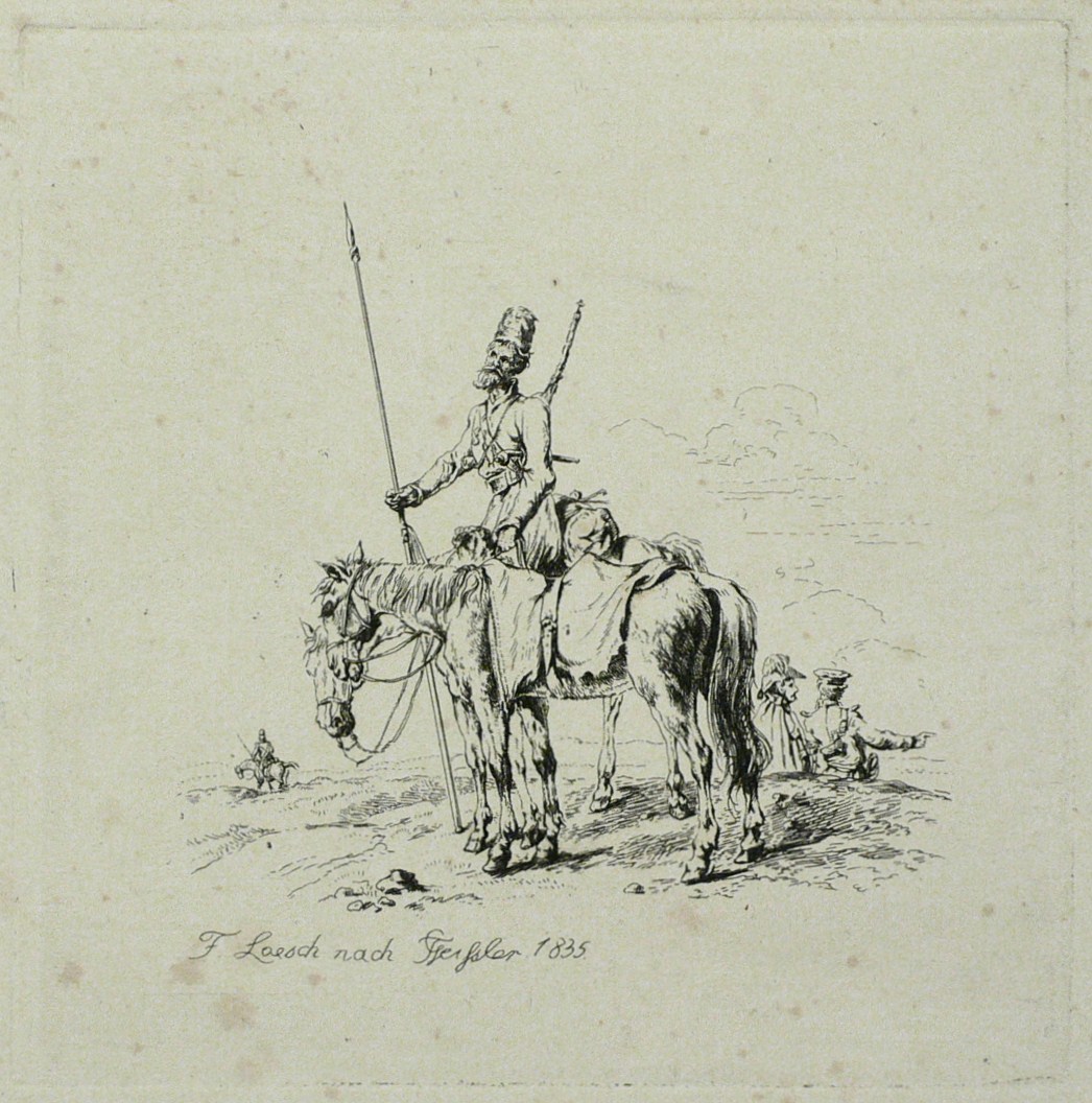 Loesch, Ferdinand. Kosake mit zwei Pferden by Ferdinand Loesch: mäßiger Zustand - (1835) Signed ...