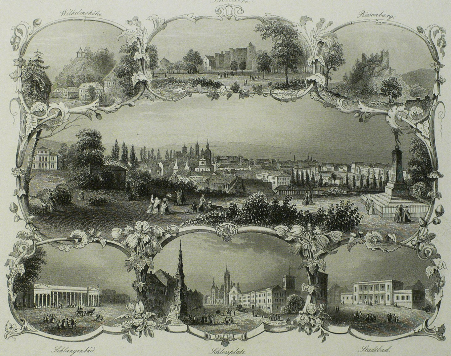 Teplitz / Teplice. Souvenirblatt. Gesamtansicht, Wilhelmshöhe ...