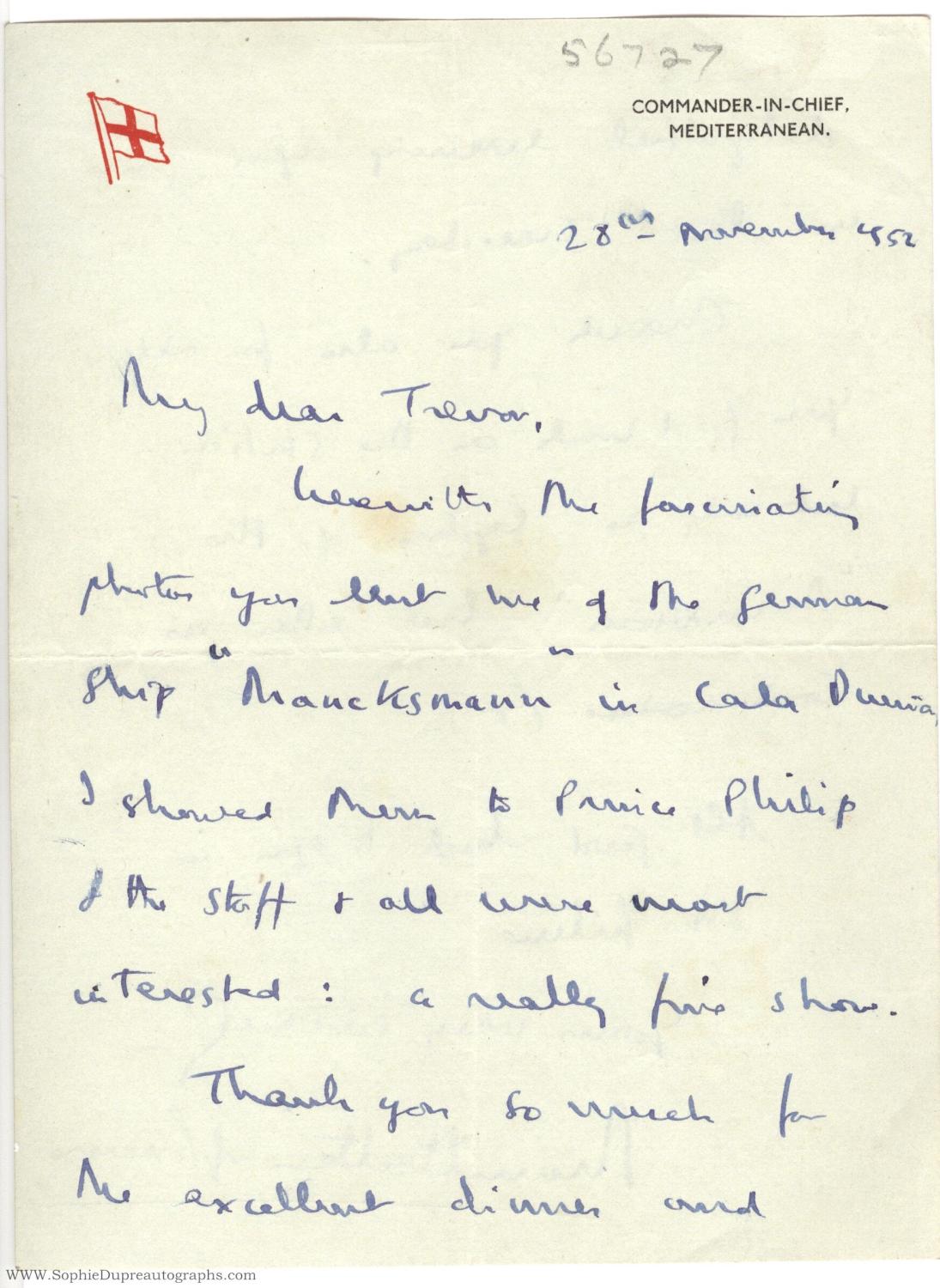 Fine Autograph Letter Signed to Captain J. Trevor LEAN, D.S.O., (Earl ...