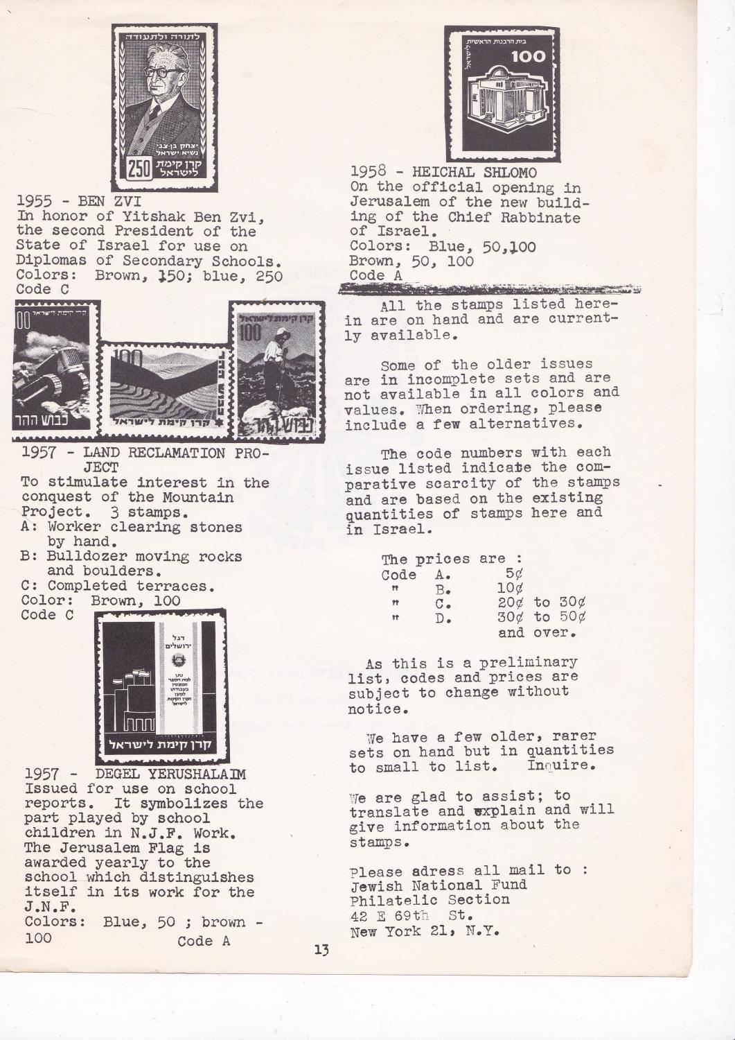 CATALOGUE of the Jewish National Fund Stamps available at present at ...