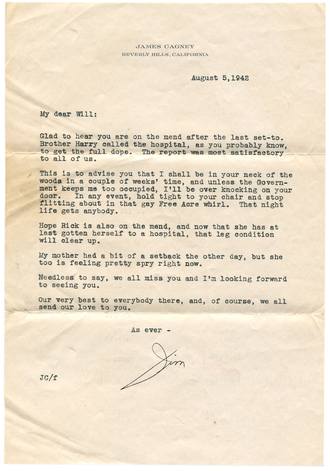 Nine James Cagney Letters to Artist Will Crawford, Totaling 19 Pages ... Nine James Cagney Letters to Artist Will Crawford, Totaling 19 Pages ...