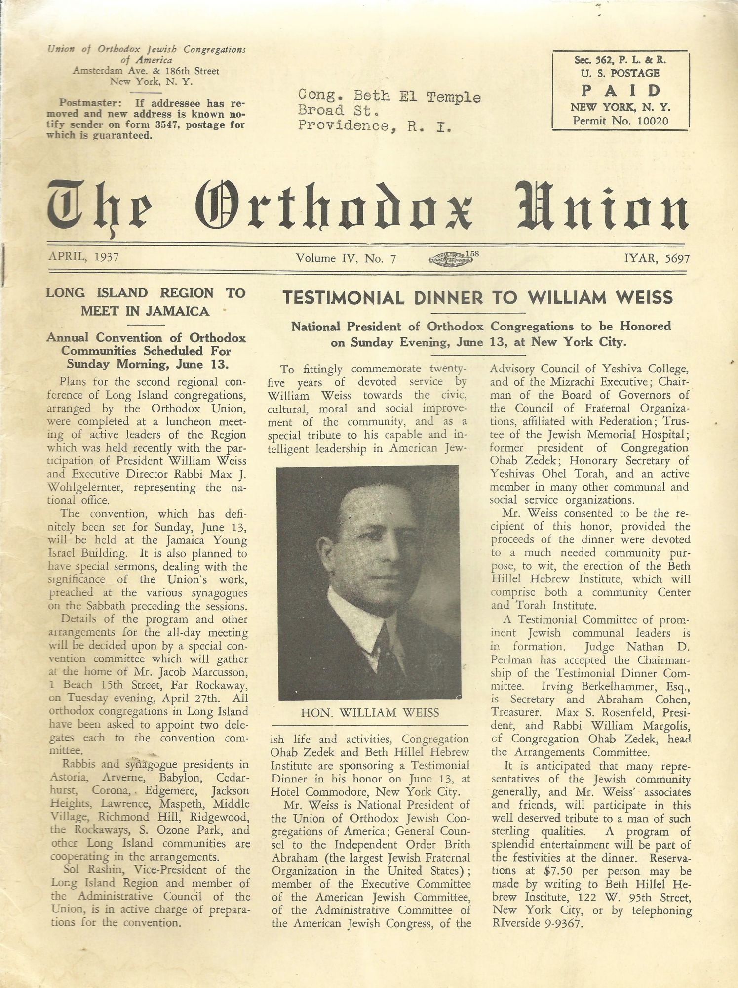THE ORTHODOX UNION VOL. I NO. 3, 5-11, VOL. II NO. 1-4, 6, 8, 10, 11 ...