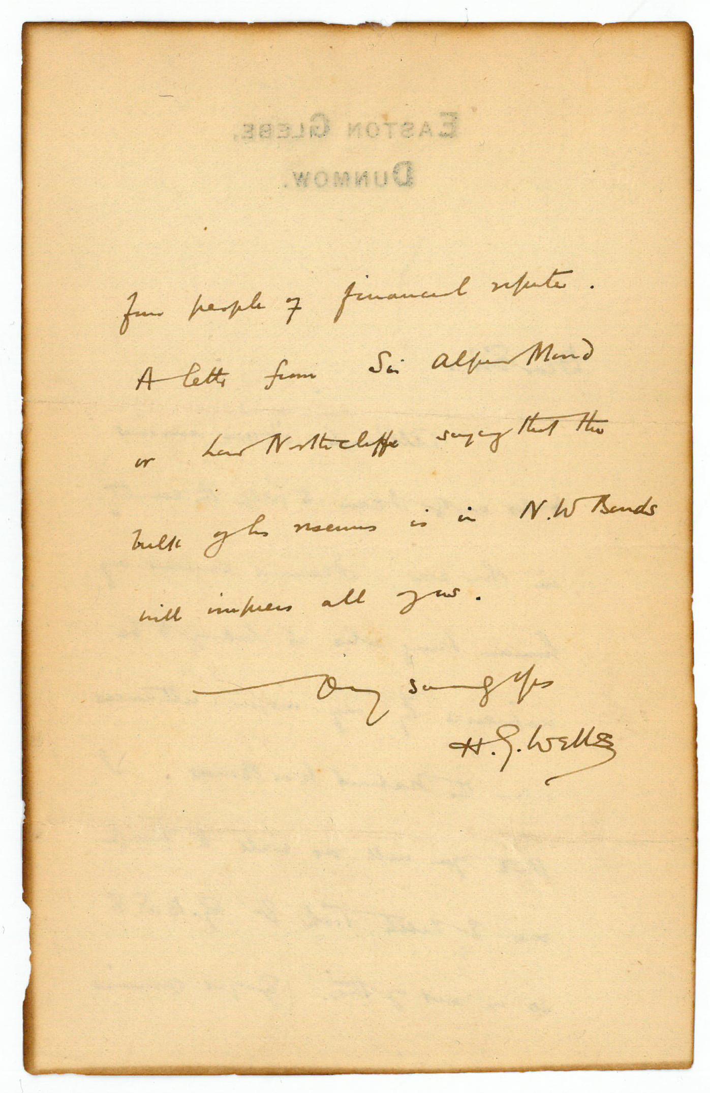 Autograph letter signed ("H. G. Wells"). by Wells, H[erbert] G[eorge ...