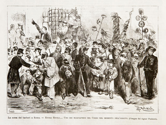 La corsa dei barberi a Roma.- Eccoli Eccoli?. Uno dei marciapiedi del ...