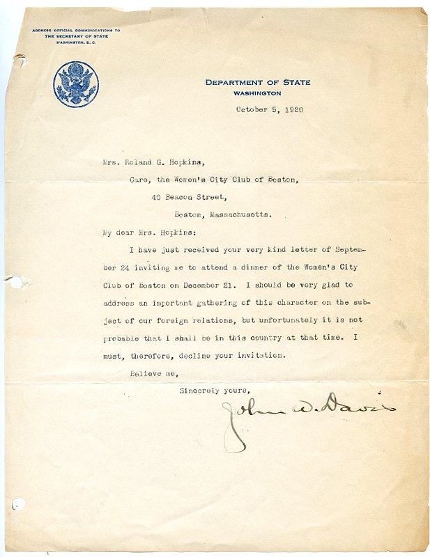 Autograph letter signed ("John W. Davis"). by Davis, John William ...