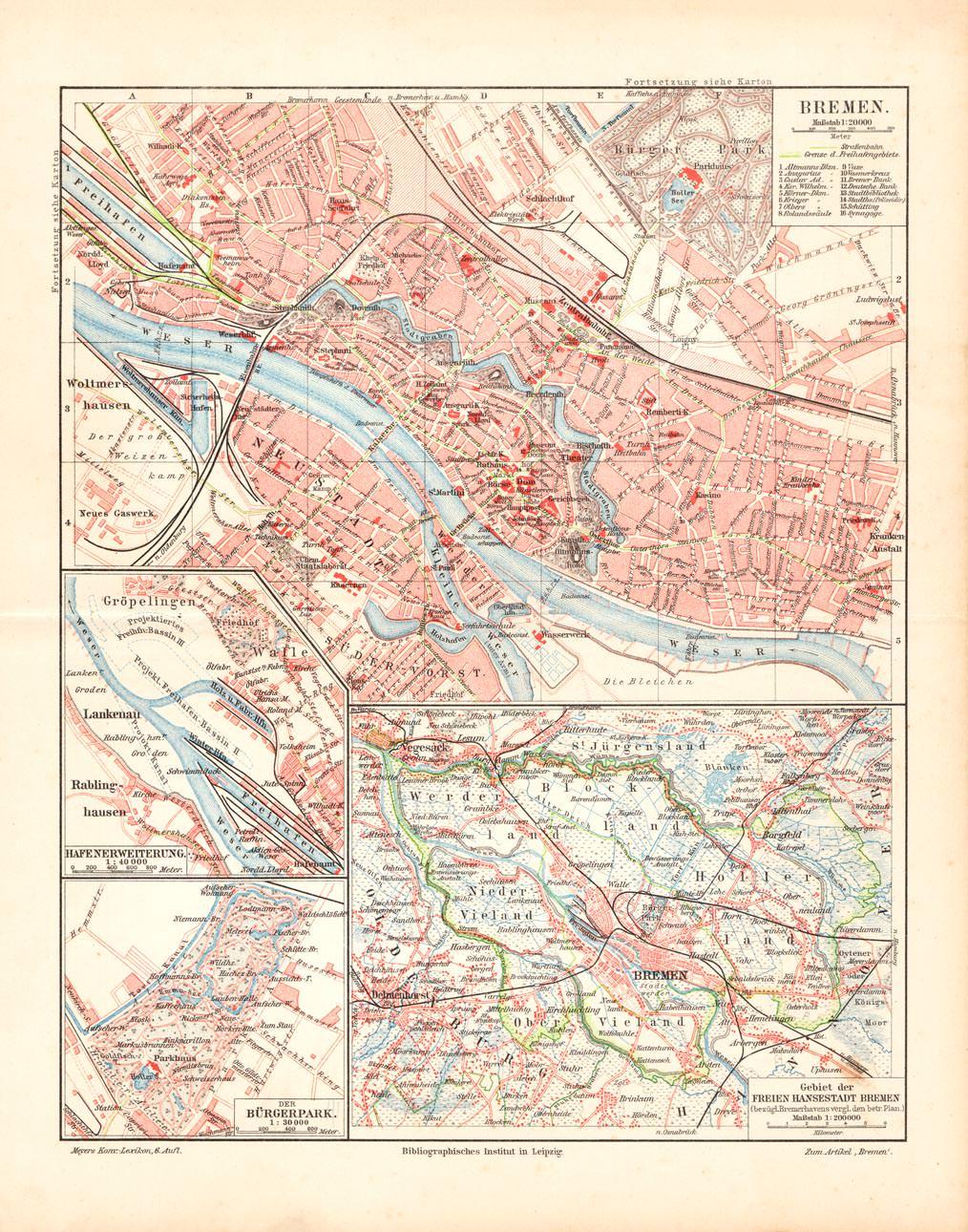 Alte historische Stadtkarte Bremen Stadtplan Lithographie 1903: (1903 ...