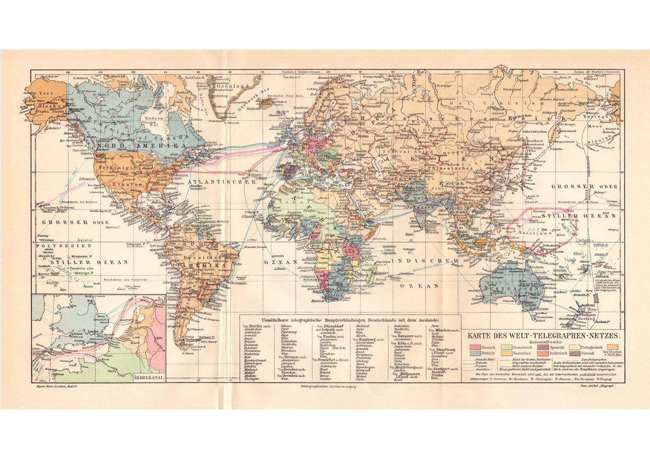 Alte historische Landkarte Welt Telegraphen Netz Karte Lithographie ...