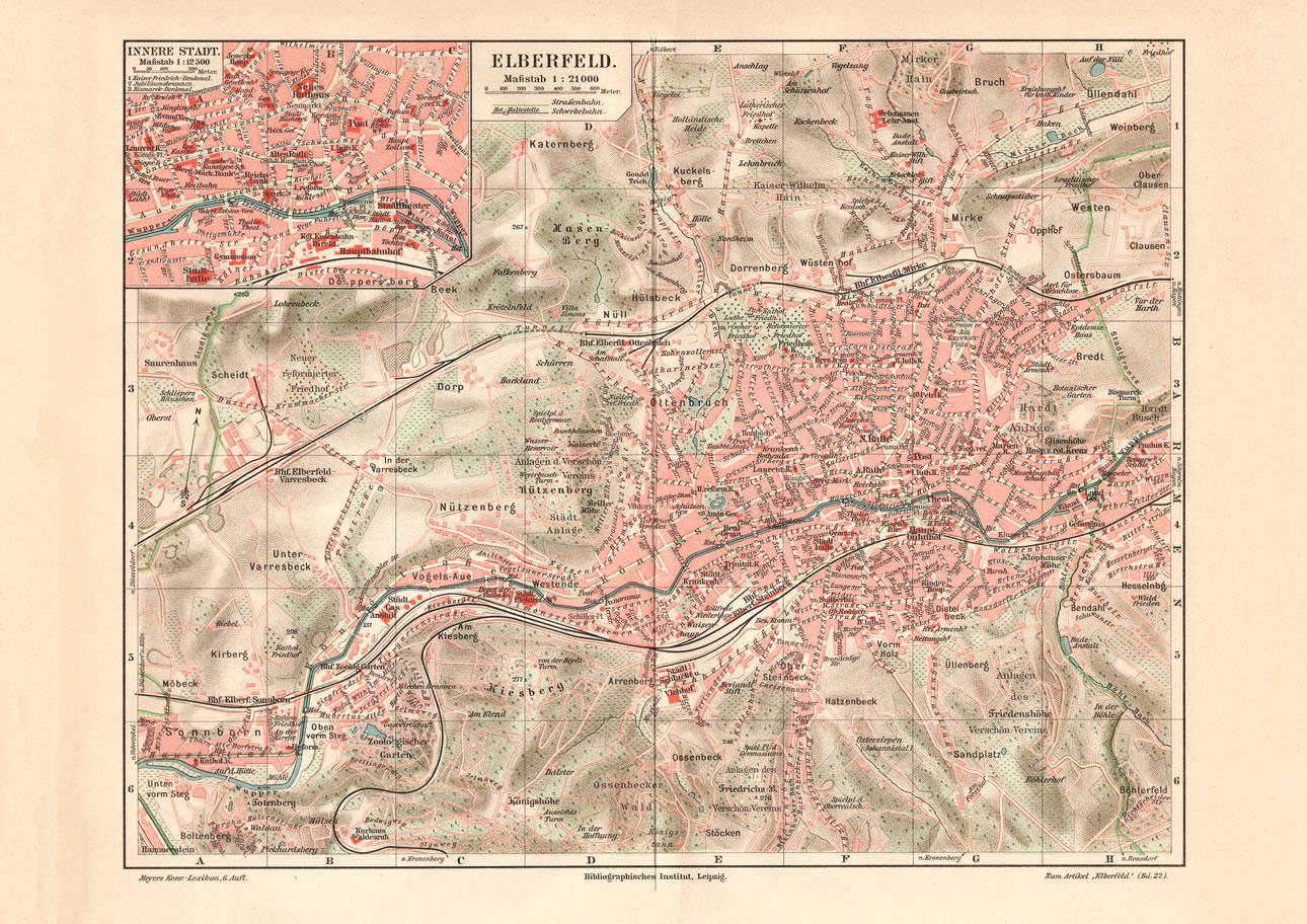 Alte historische Stadtkarte Elberfeld Stadtplan Lithographie 1910 ...