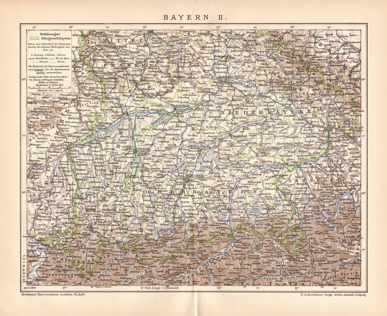 Alte historische Landkarte Bayern II. Landkarte Lithographie 1892 ...