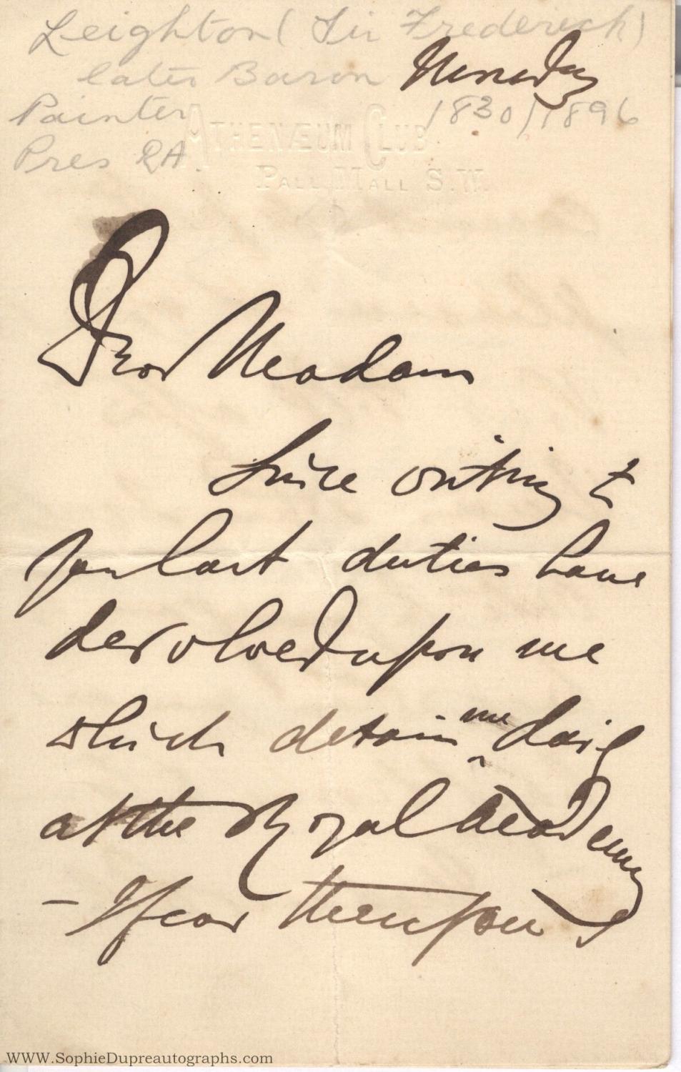 Autograph Letter Signed to an unnamed correspondent, (Sir Frederic ...