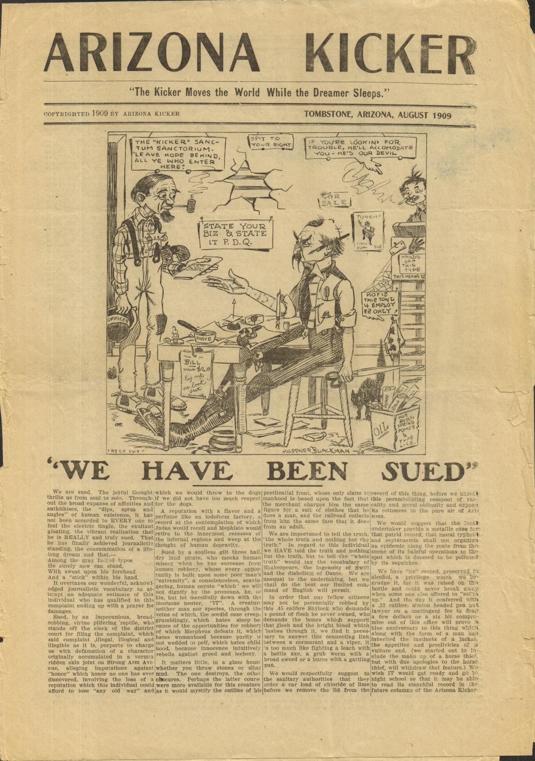 Arizona Kicker Newspaper- Tombstone, Arizona, August 1909; Arizona ...