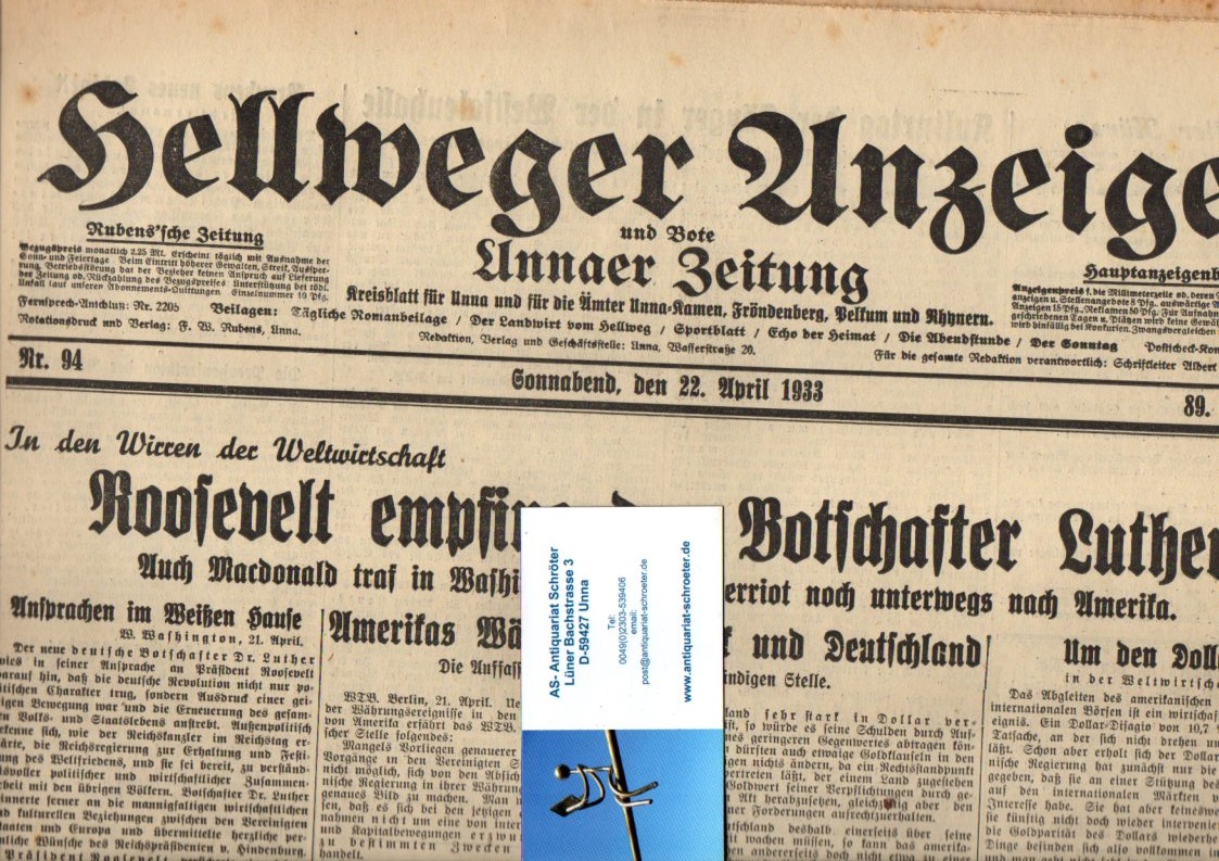 Hellweger Anzeiger und Bote Unnaer Zeitung. Kreisblatt für Unna und die ...