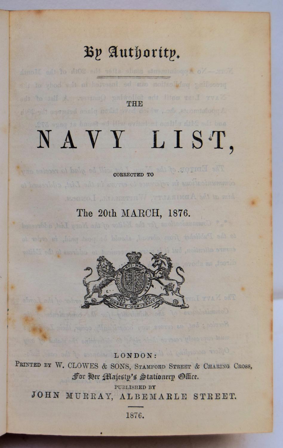 THE NAVY LIST; CORRECTED TO MARCH 20TH, 1876. by ADMIRALTY NAVY LIST ...