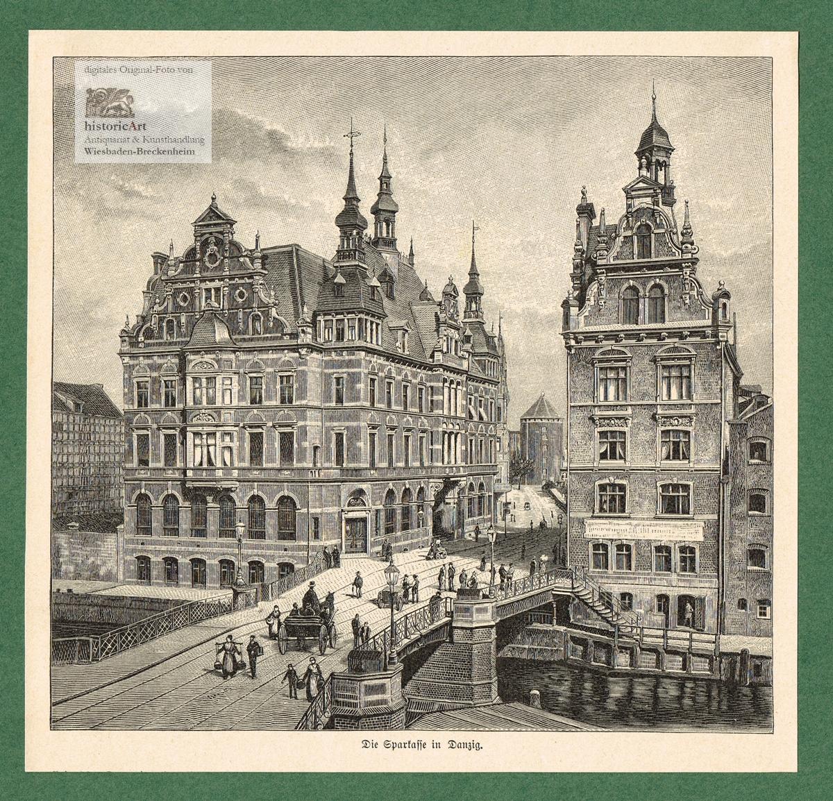Die Sparkasse in Danzig. Ansicht der Sparkasse in Danzig mit steinerner ...
