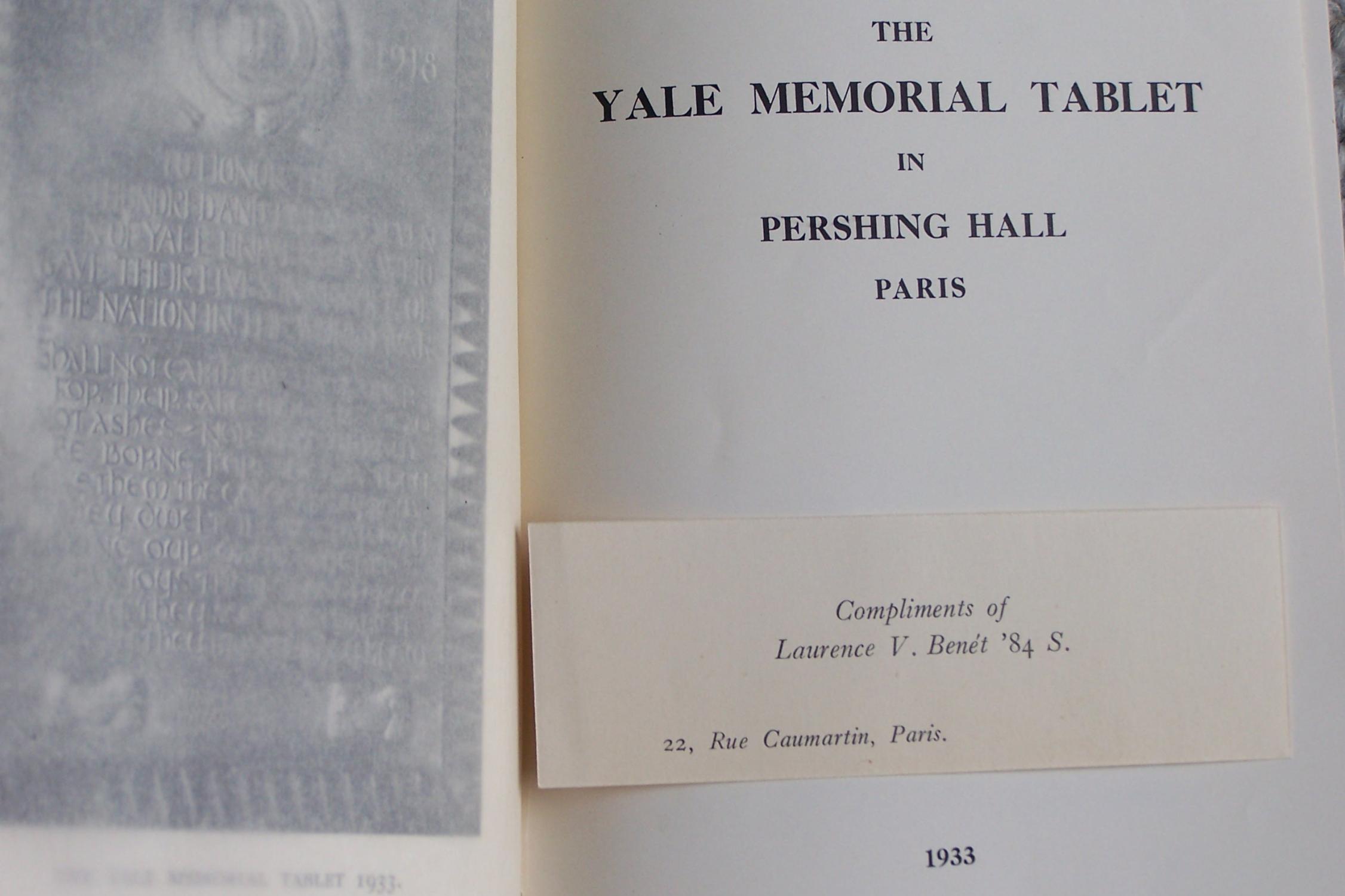 The Yale Memorial Tablet In Pershing Hall, Paris.: Near Fine Soft cover ...