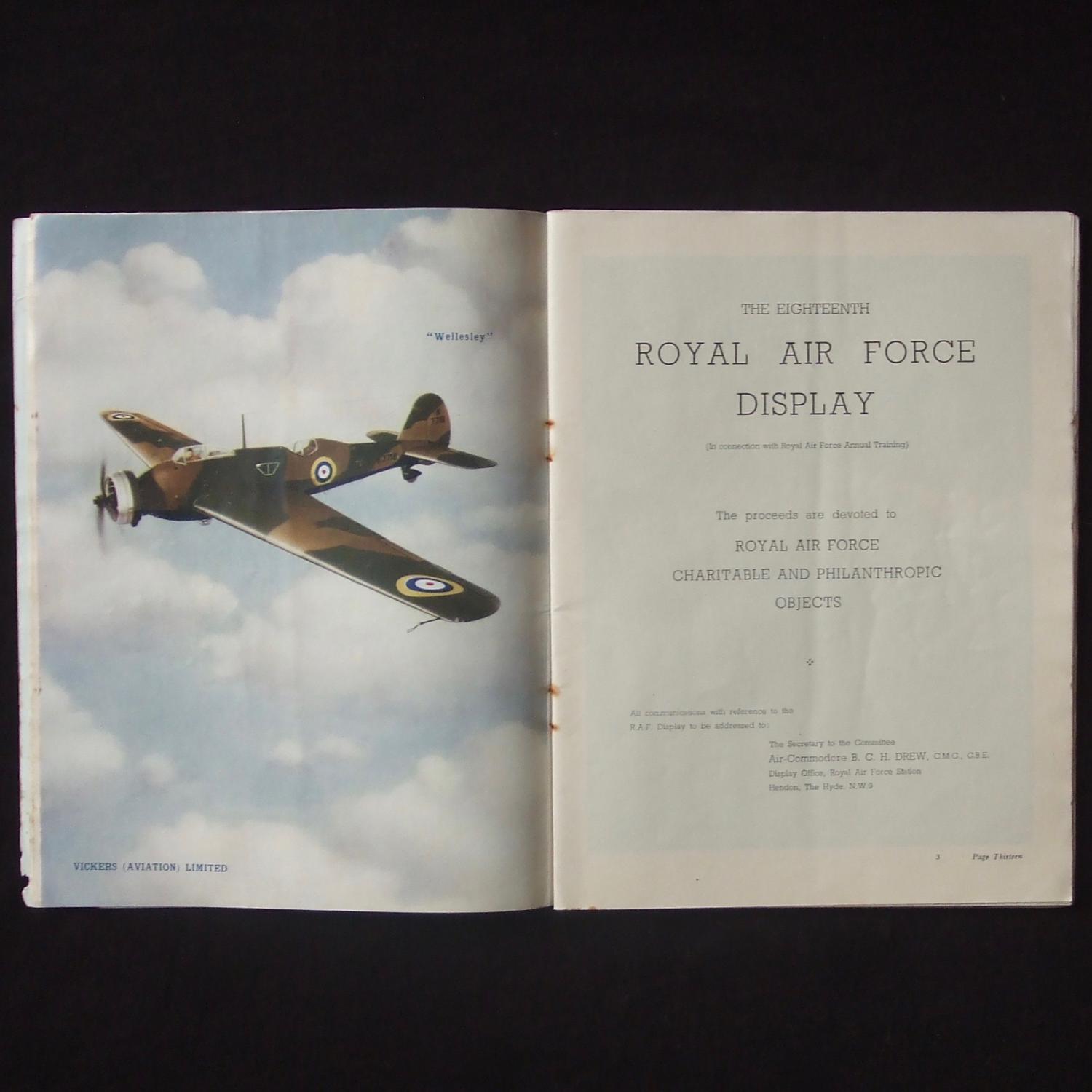Programme of the Eighteenth Royal Air Force Air Display 1937. HENDON ...