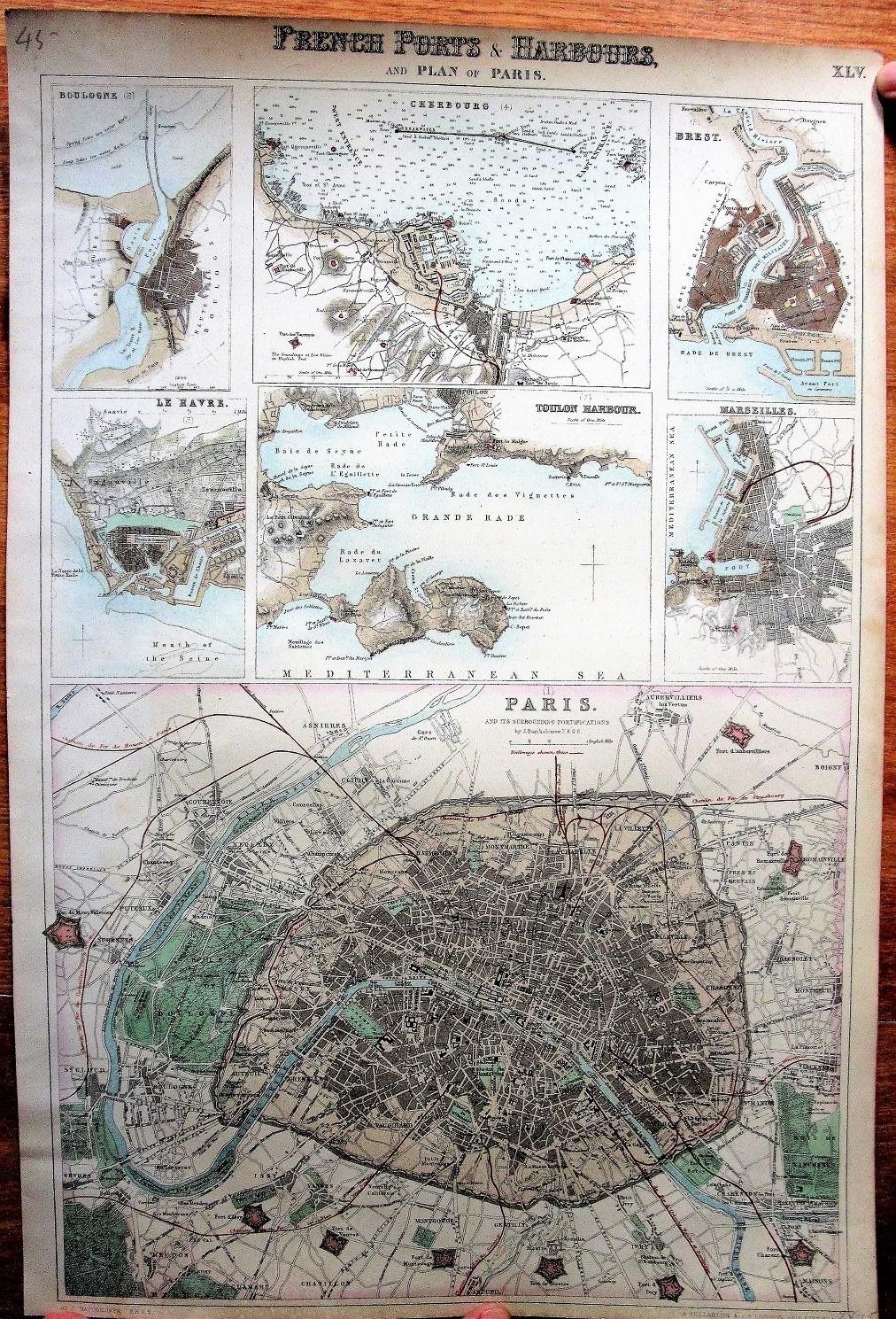 Antique Steel Engraving. Map of French Ports & Harbours and Plan of ...