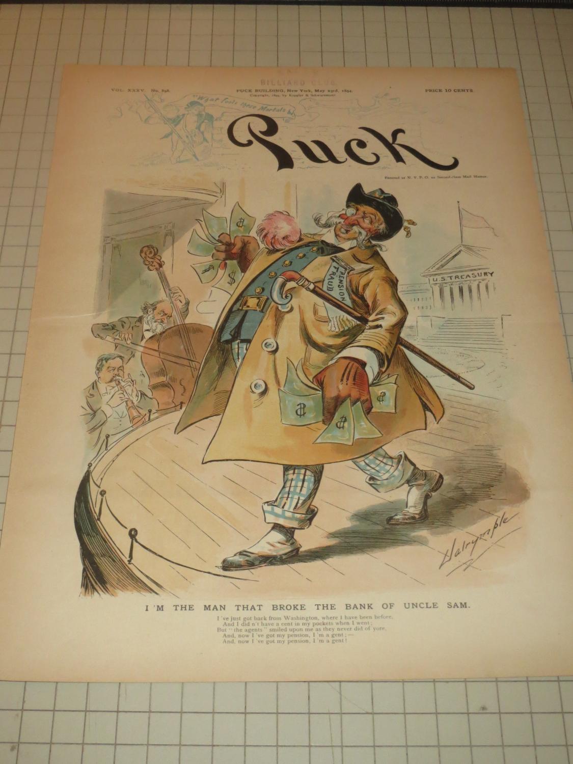 1894 Puck Lithograph of "I'am the Man That Broke the Bank of Uncle Sam ...