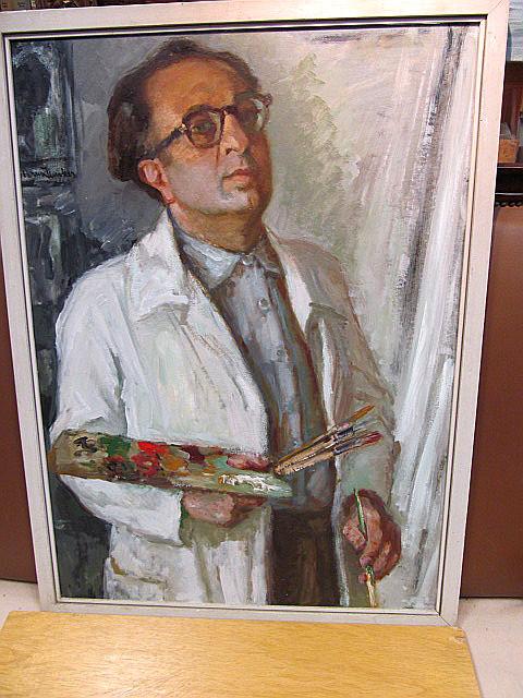 Selbstporträt stehend im Atelier mit Farbpalette und Pinseln. by Junker ...