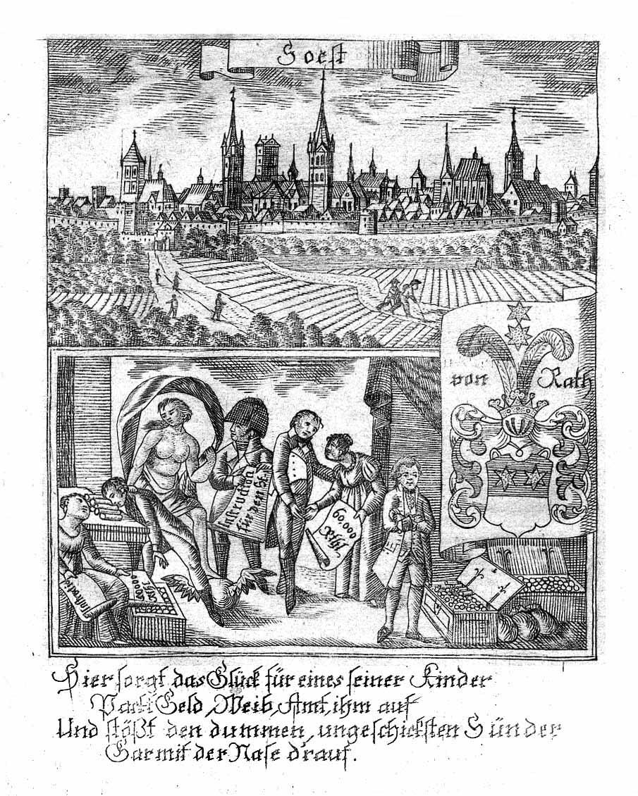 Gesamtansicht; darunter Allegorie und Wappen der Familie von Rath ...