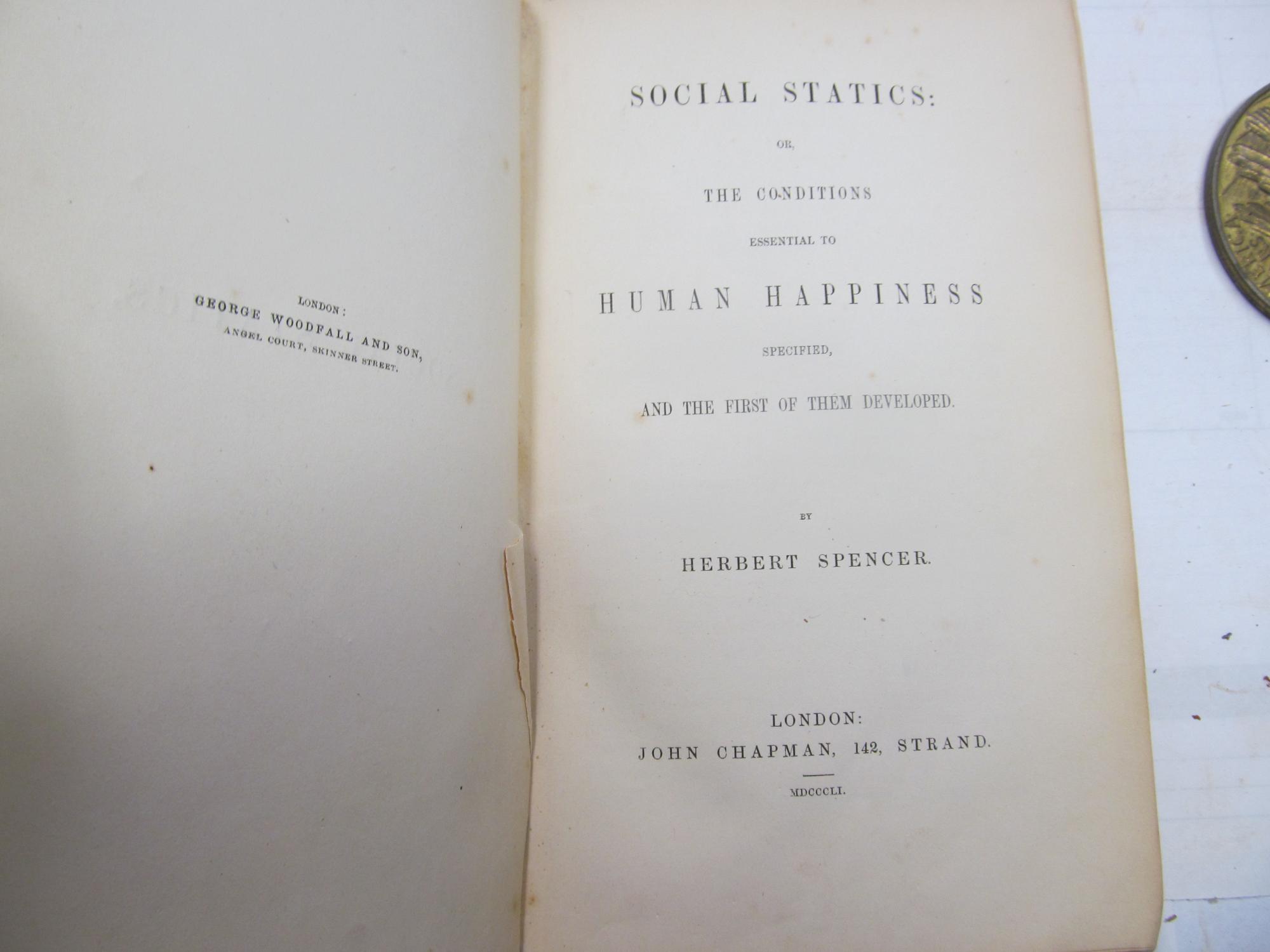 Social Statics de Herbert Spencer: Good Hardcover (1851) 1st Edition ...