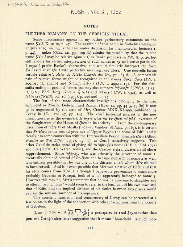 Further Remarks on the Gebelein Stelae. (Kush). by Fischer, Henry ...
