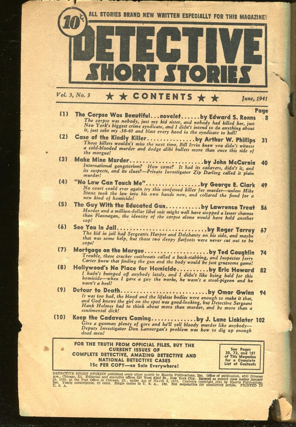 DETECTIVE SHORT STORIES 6/1941-HARD BOILED CRIME PULP TIMELY/MARVEL-pr ...