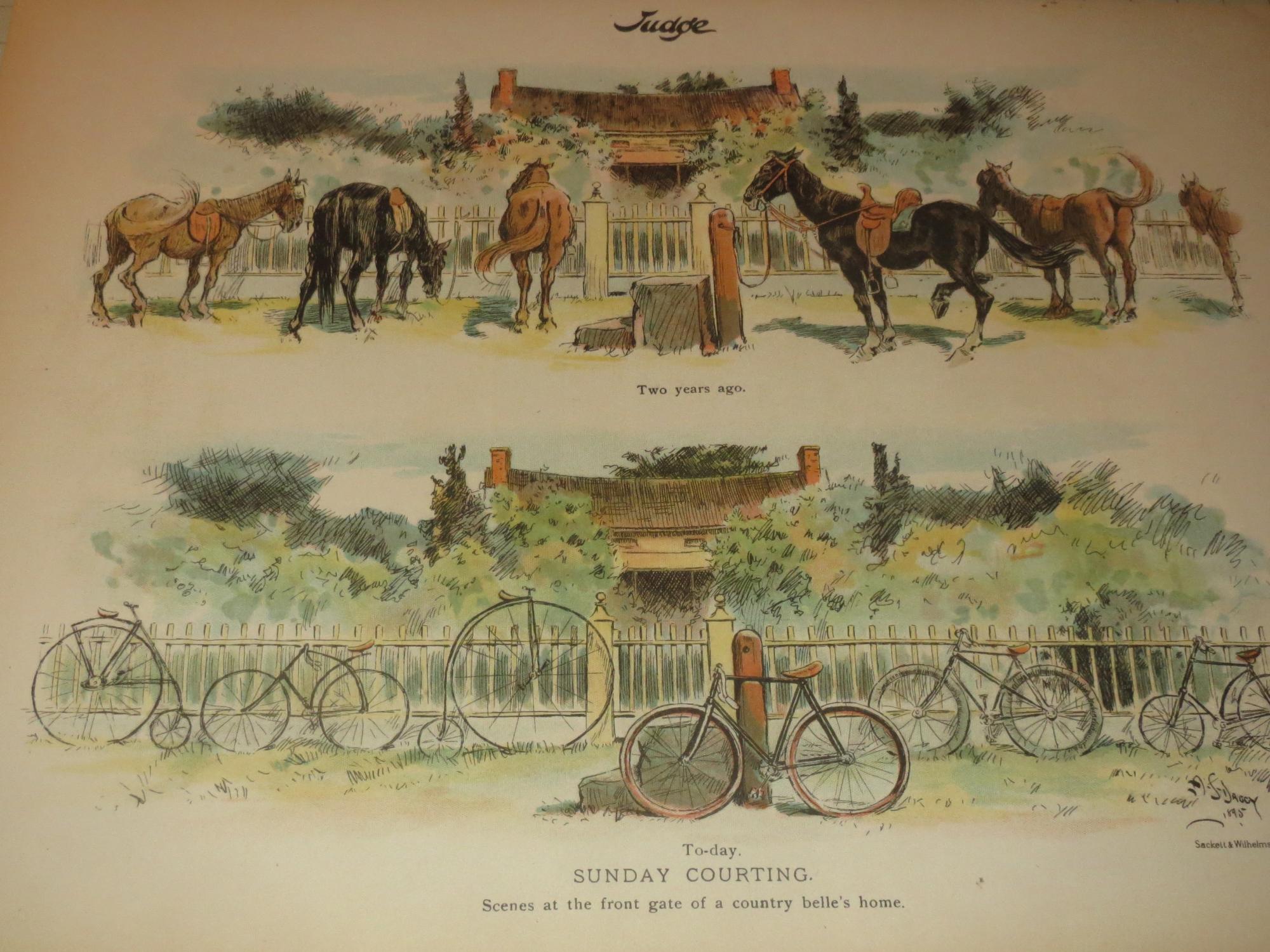1895 Judge Lithograph of "Sunday Courting" - The Horse and the Bicycle ...