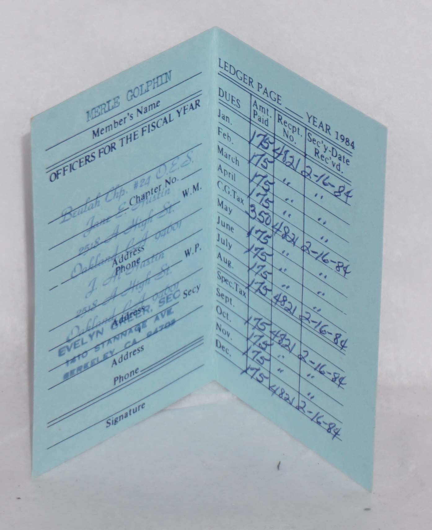 [Membership card/dues book] by Prince Hall Rite of Adoption. California ...