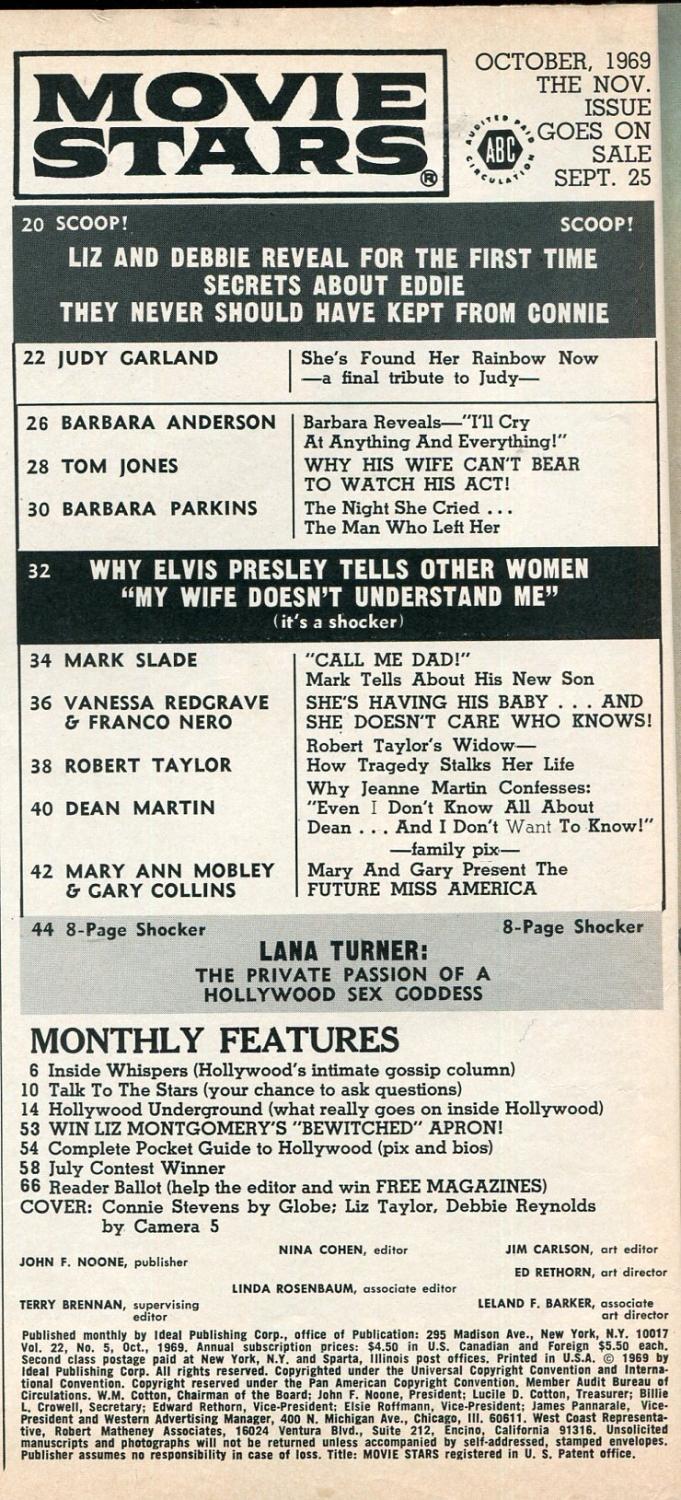 Movie Stars Magazine October 1969- Liz Taylor- Connie Stevens- Debbie ...