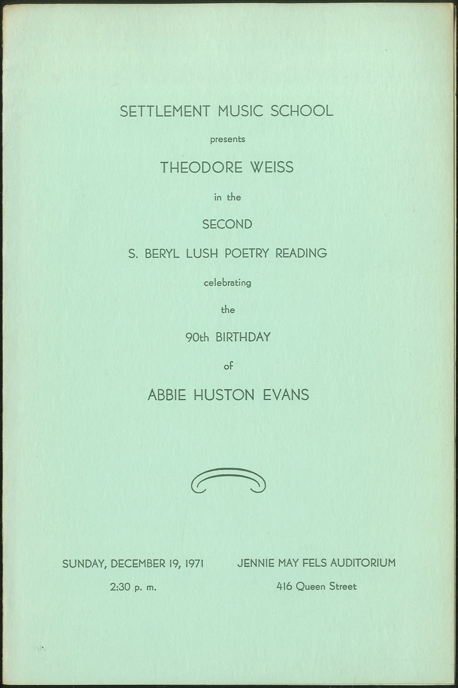 Settlement Music School Presents Theodore Weiss in the Second S. Beryl ...