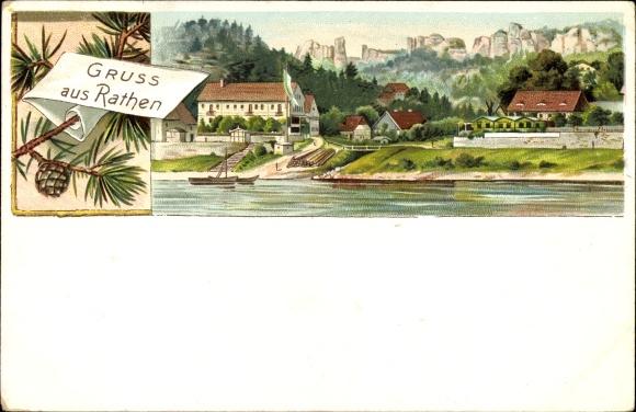 Litho Kurort Rathen im Elbsandsteingebirge, Ansicht der Ortschaft ...