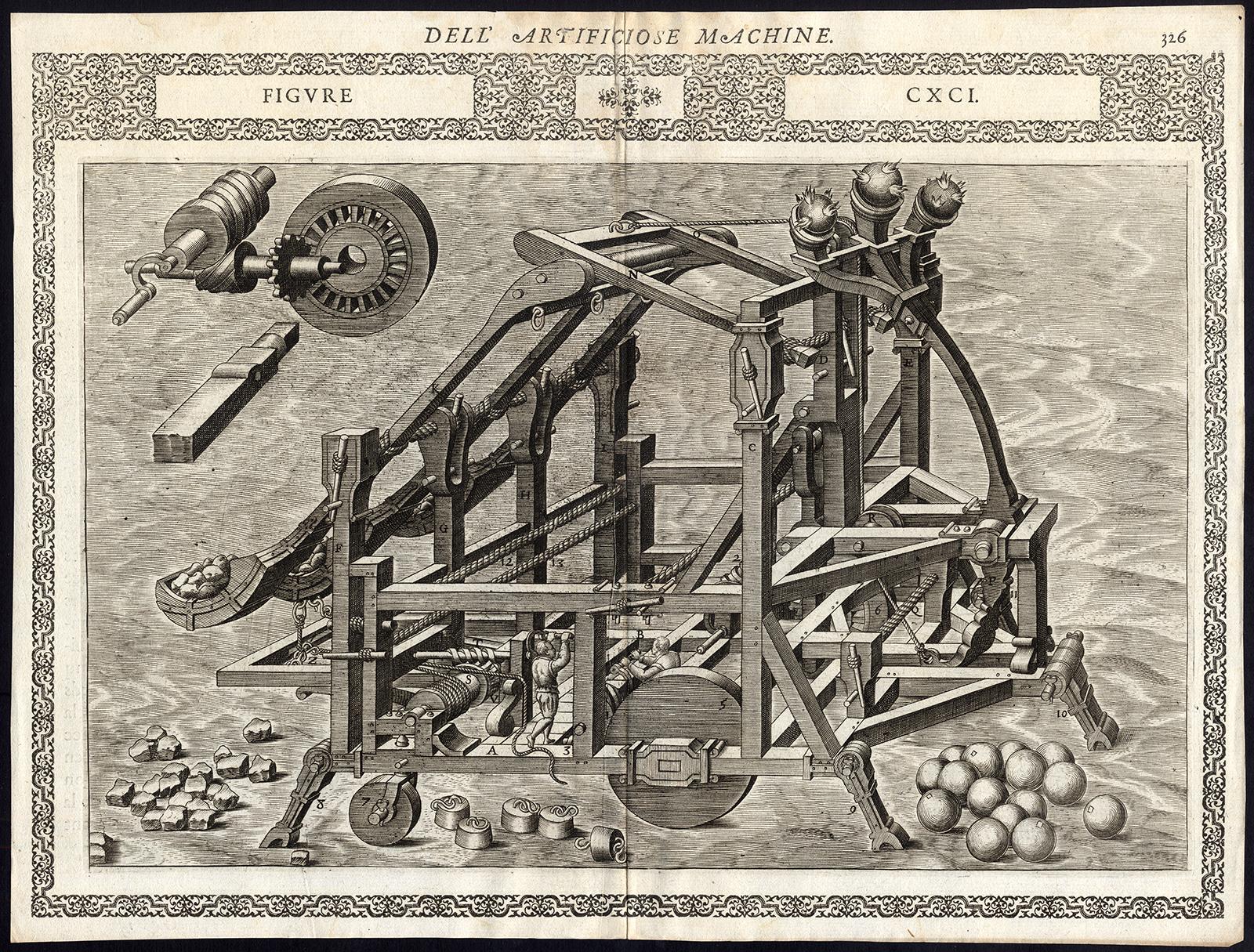 Antique Print-CATAPULT-RUBBLE-FLAMING BALL-CXCI-Ramelli-Bachot-1588 ...