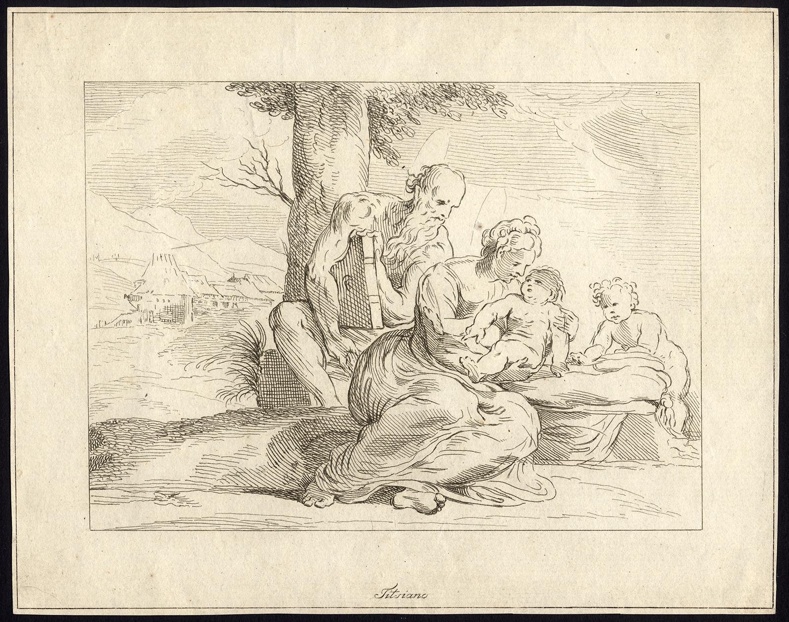 Antique Master Print-HOLY FAMILY-JOHN BAPTIST-CHRIST-Titian-ca. 1700 ...