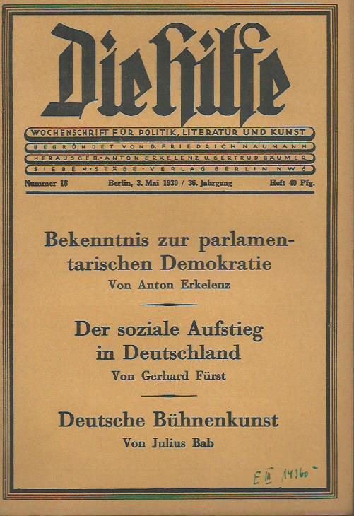 Die Hilfe. 36. Jahrgang 1930, Nummer 18 / 3. Mai. Wochenschrift für ...
