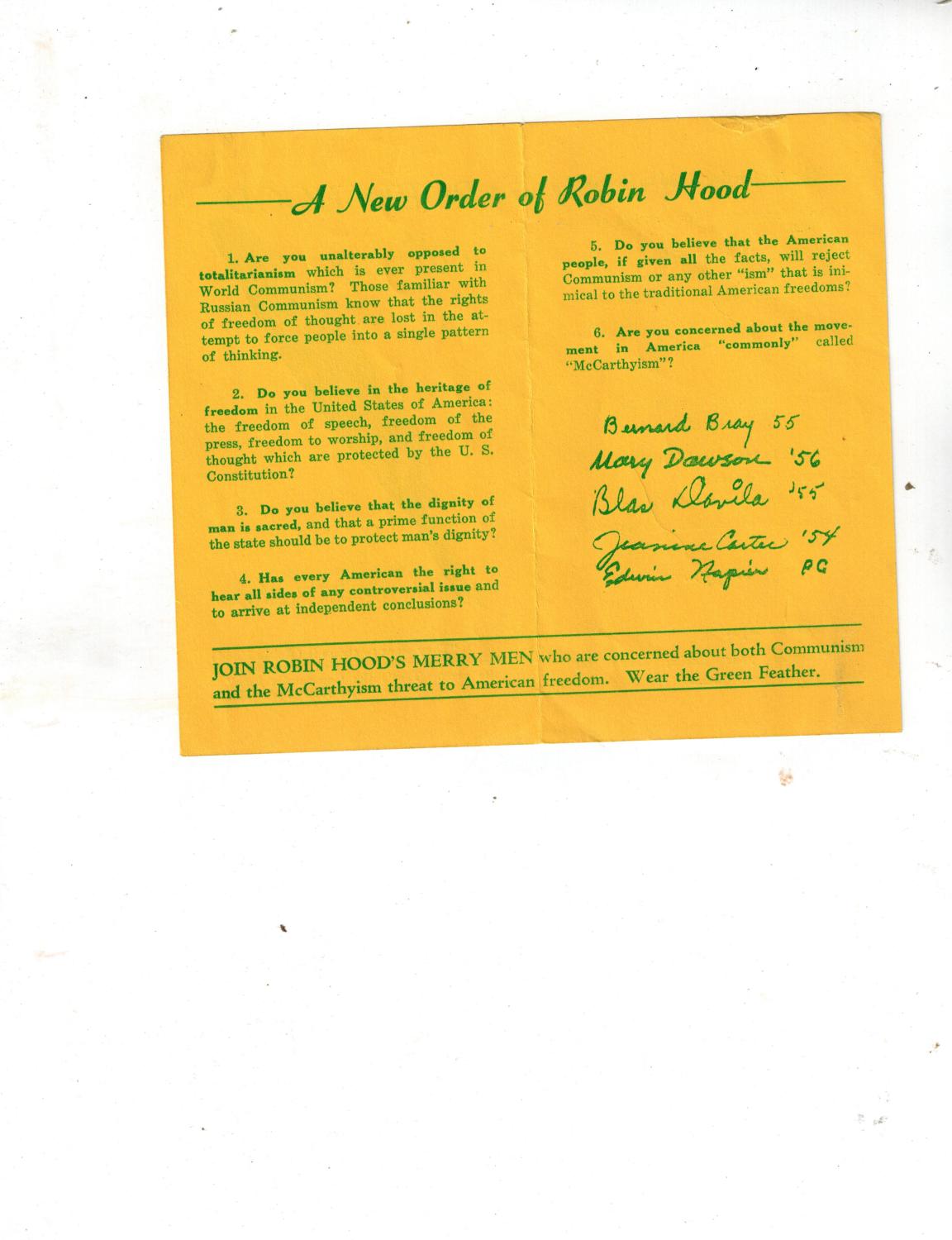 ROBIN HOOD Vs. McCarthy Pamphlet ( Green Feather Movement ) (Order of ...