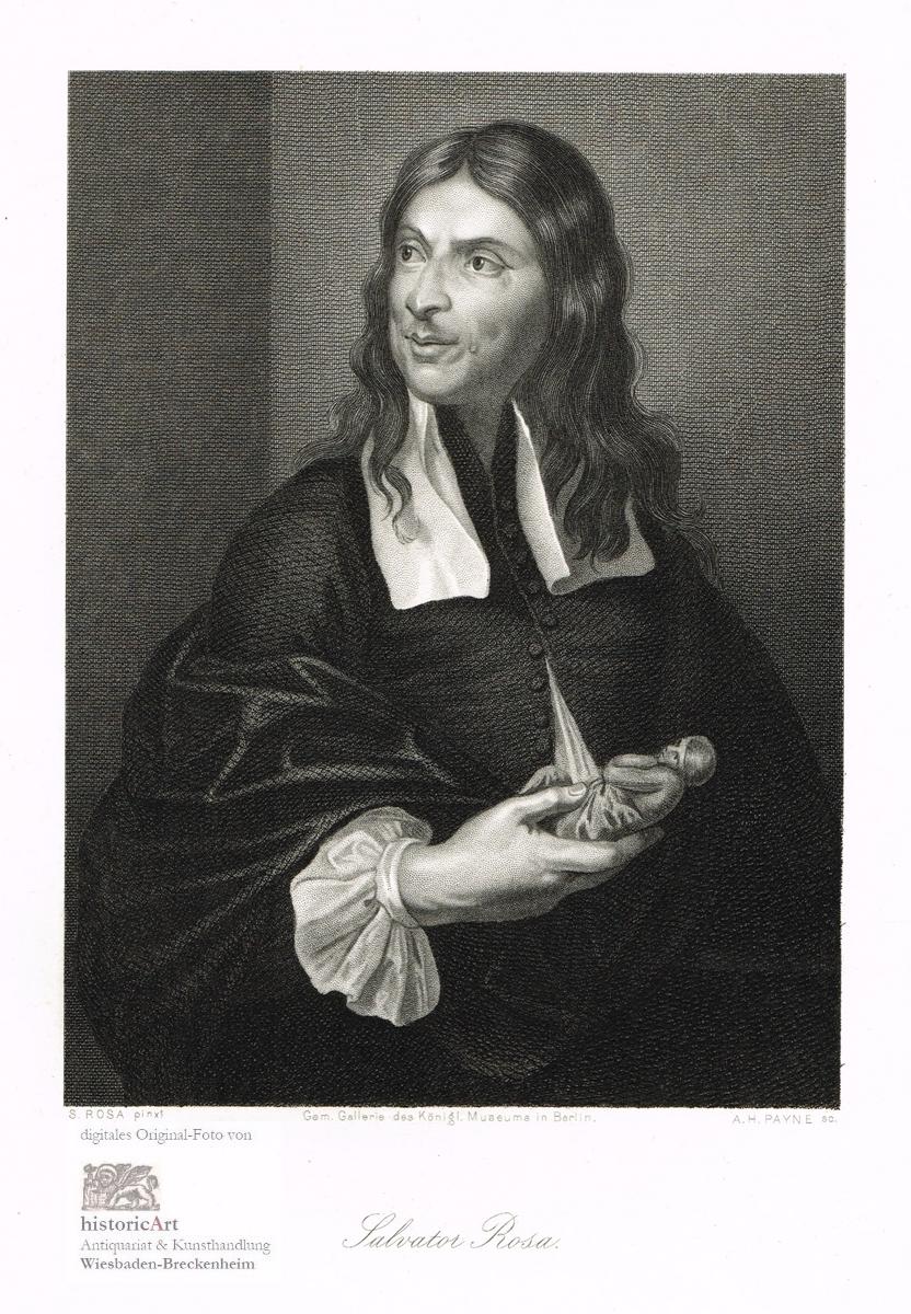 Salvator Rosa. Halbfigur mit wallendem Haar en face. Stahlstich von ...