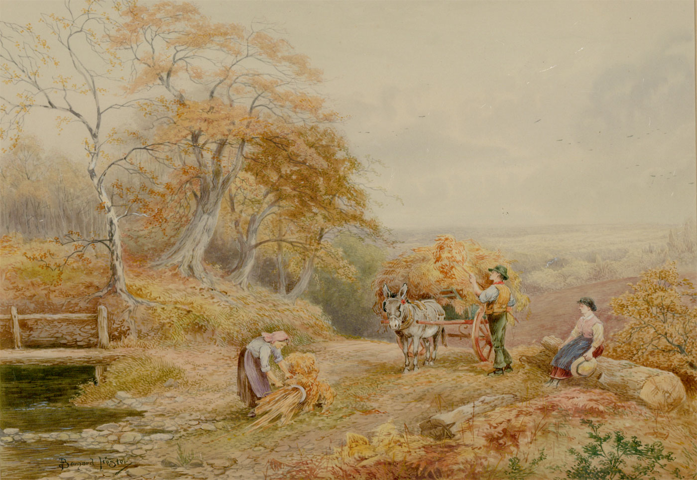 Bernard Foster - Signed 19th Century Watercolour, Harvesters in a ...