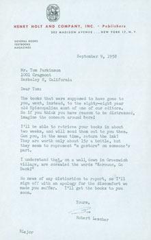 TLS Robert Lescher to Thomas Parkinson, September 9, 1958. RE: Kerouac ...