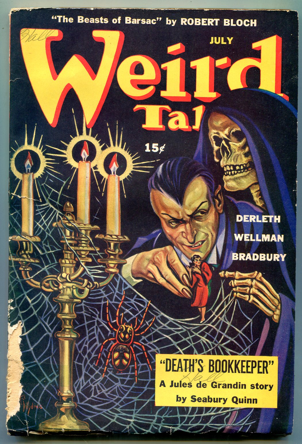 Weird Tales Pulp July 1944- Death's Bookkeeper- Jules de Grandin- Skull ...