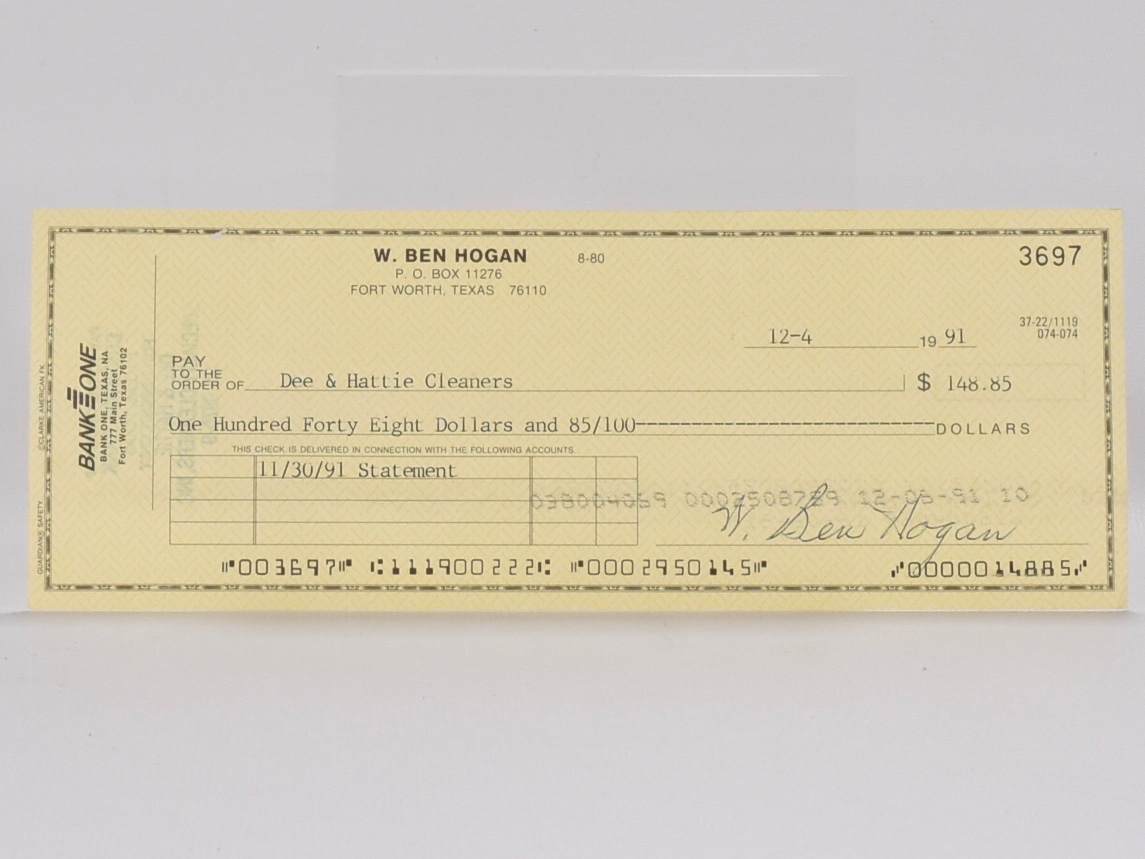 Bank One signed/ autographed cheque by Hogan, Ben: (1991) Signed by ...