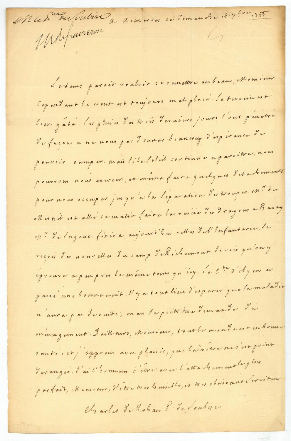 Eigenh. Schreiben mit U. ("Charles de Rohan P. de Soubise"). by Soubise ...