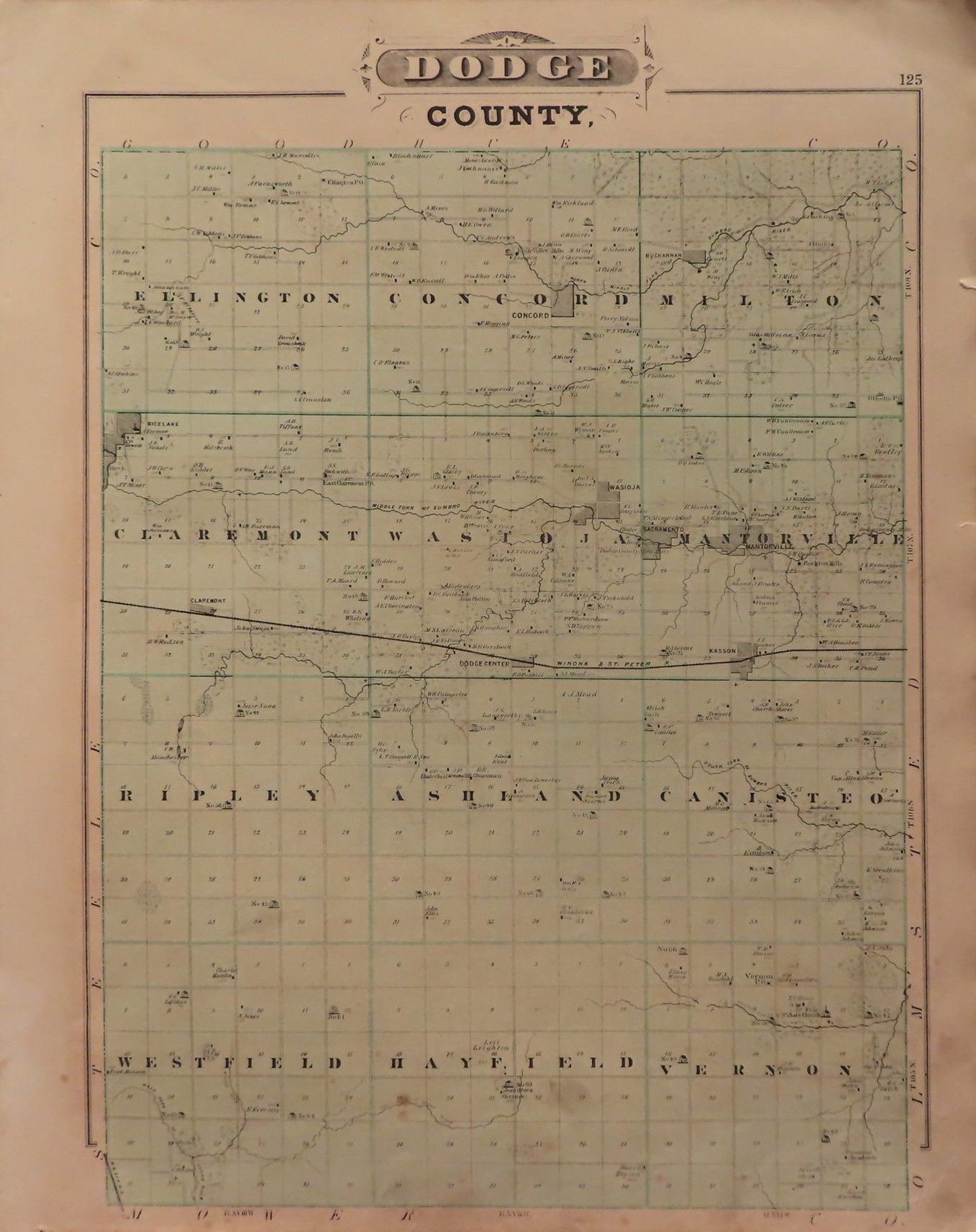 Map of Steele County 1874 by A.T. Andreas: Very Good Paper (1874) First ...