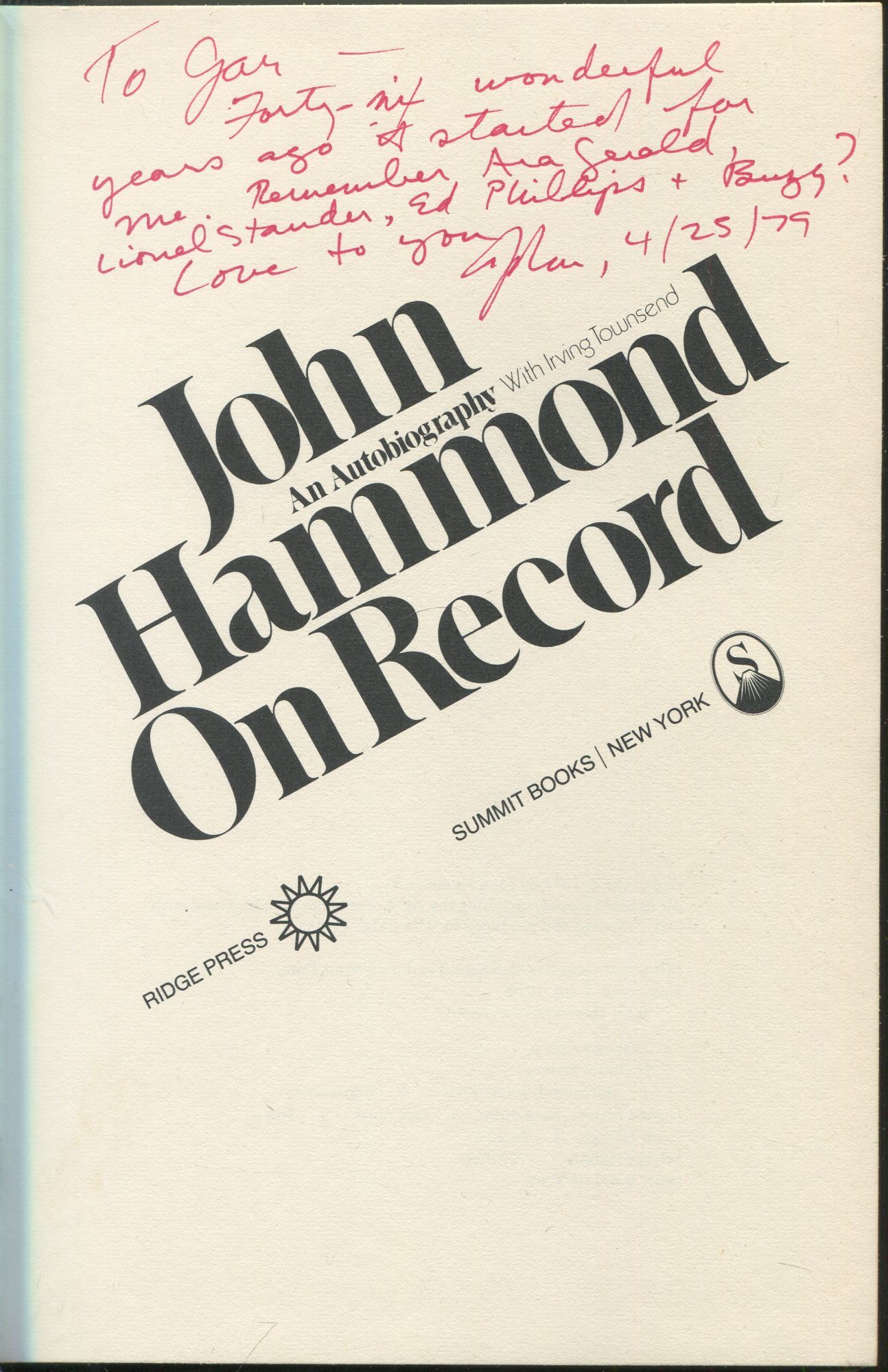 John Hammond On Record: An Autobiography by HAMMOND, John with Irving ...