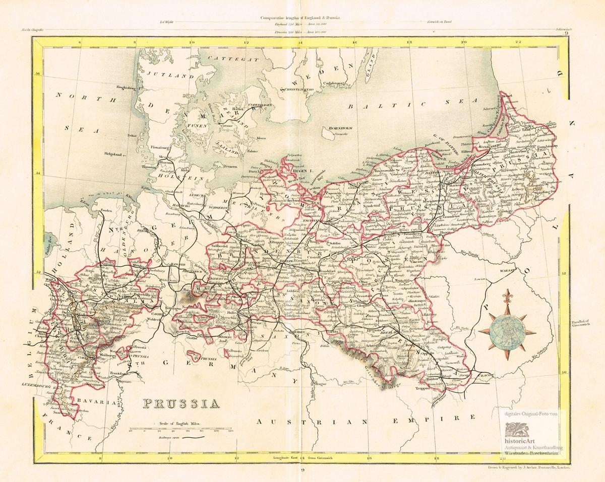 Prussia. Landkarte von Preußen einschließlich der Rheinprovinzen mit ...